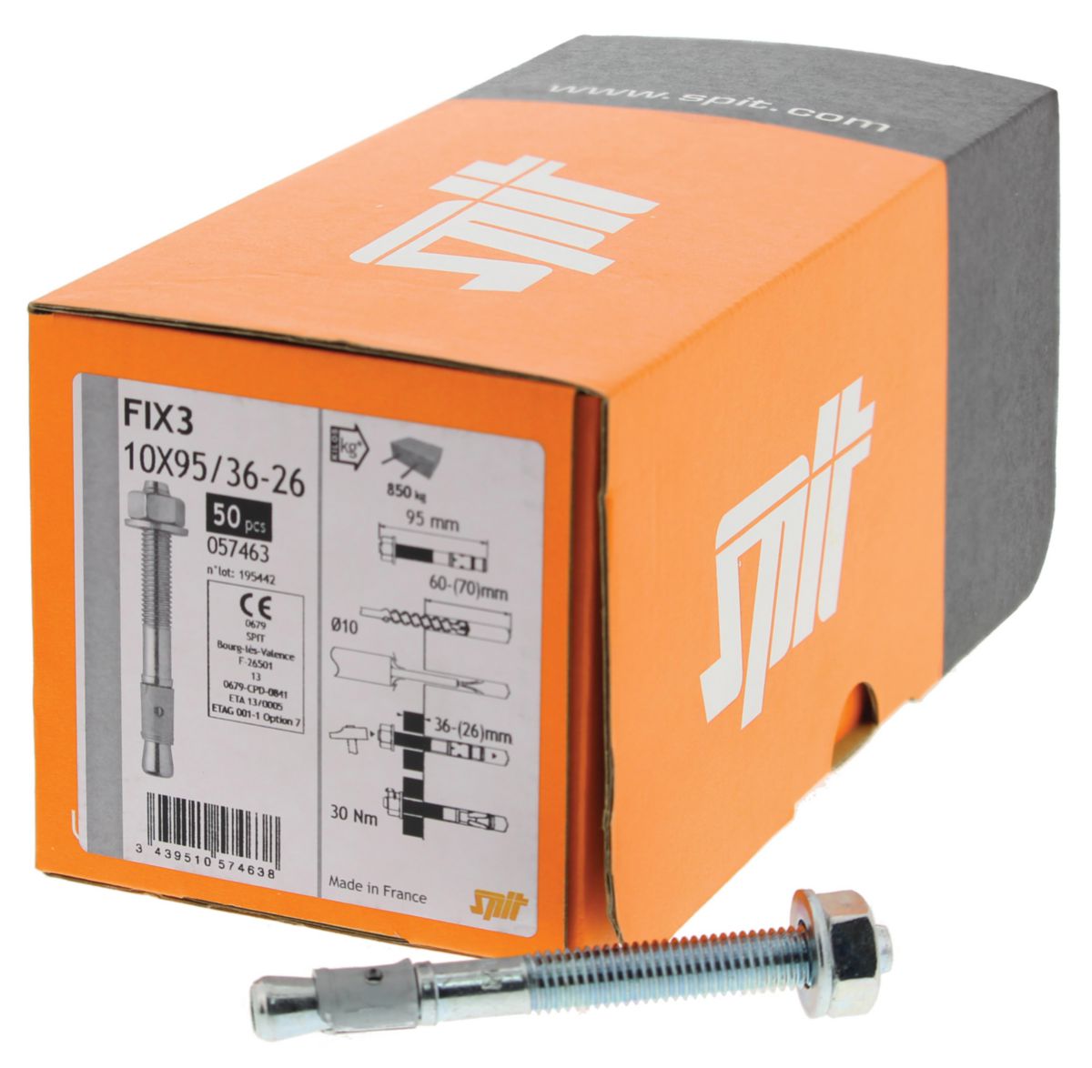 SPIT - Cheville FIX3 M10x95/36-26 MT boîte de 50 réf.057463 | Asturienne