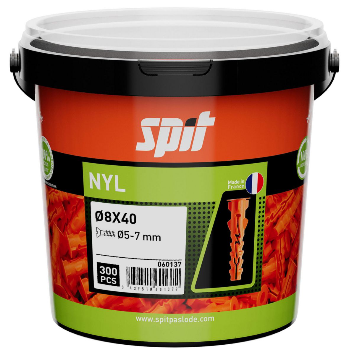 SPIT - Cheville Nylon 8x40 avec collerette bidon de 1000 Réf. 060139 | Asturienne